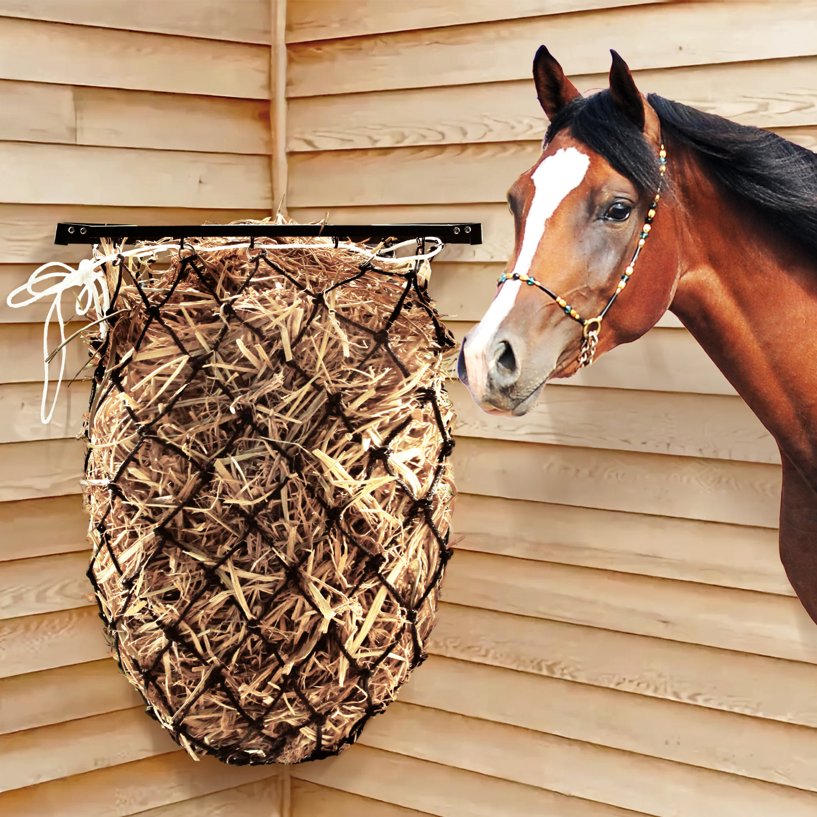 Wall Mounted Hay Rack with Hay Bag - Slow Feed Nets